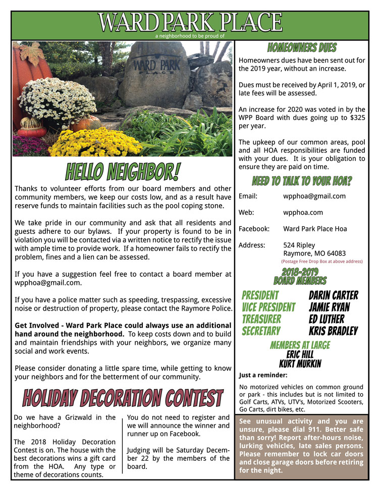 Fall 2018 HOA Newsletter - Ward Park Place Homes Association Website